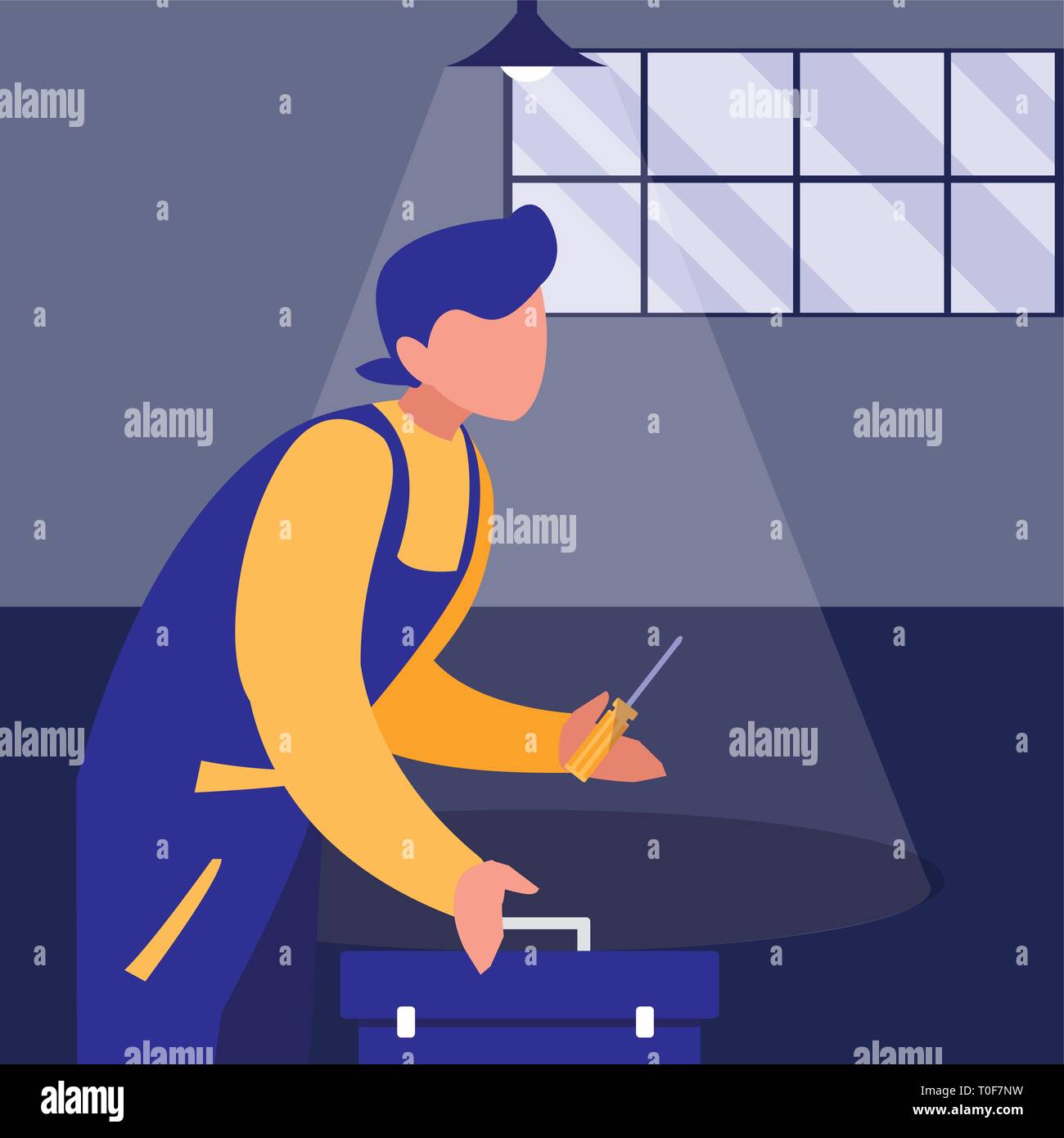 mechanic worker with toolbox in the workplace vector illustration ...