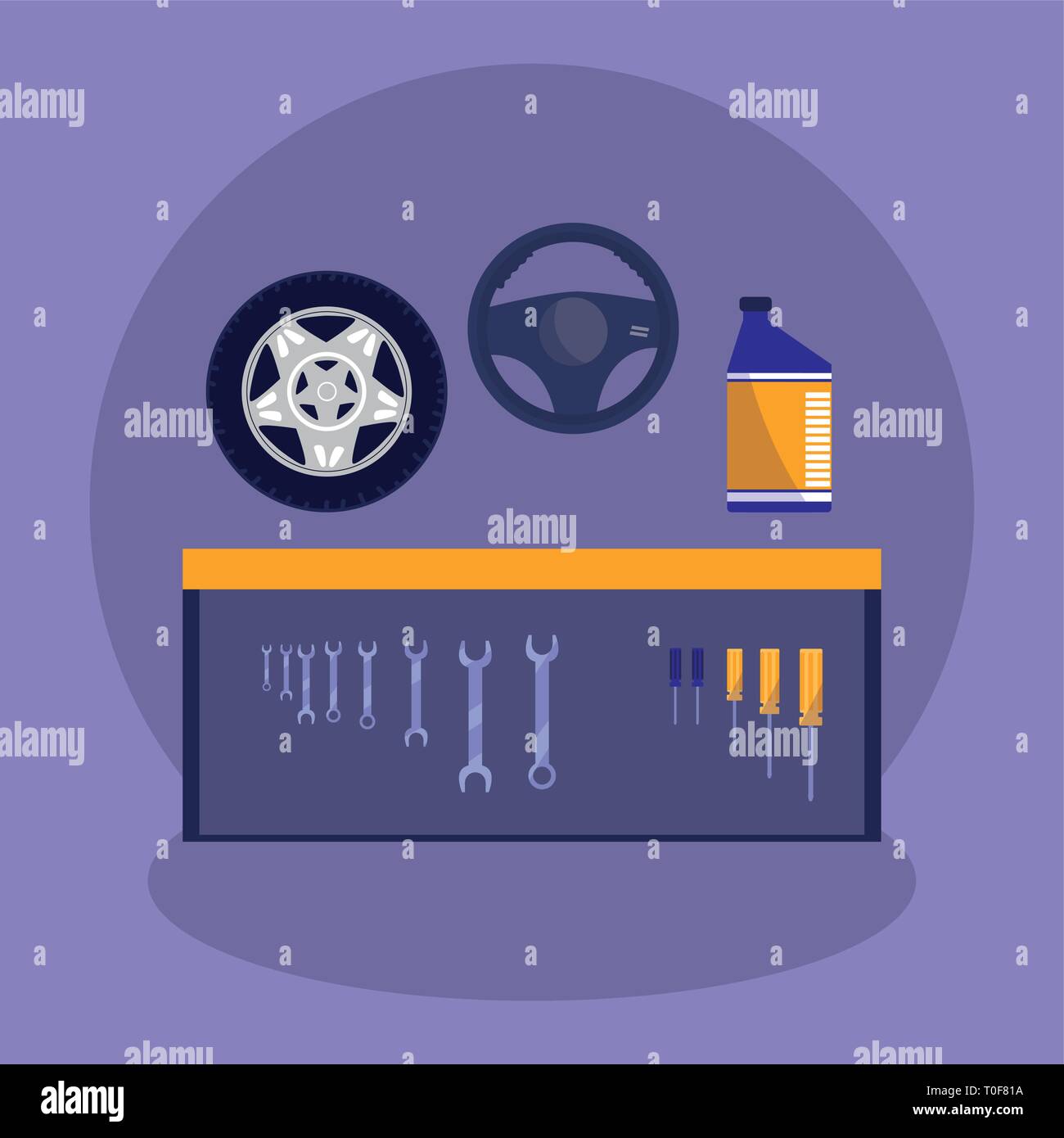 board with mechanic tools hanging and tire car vector illustration ...