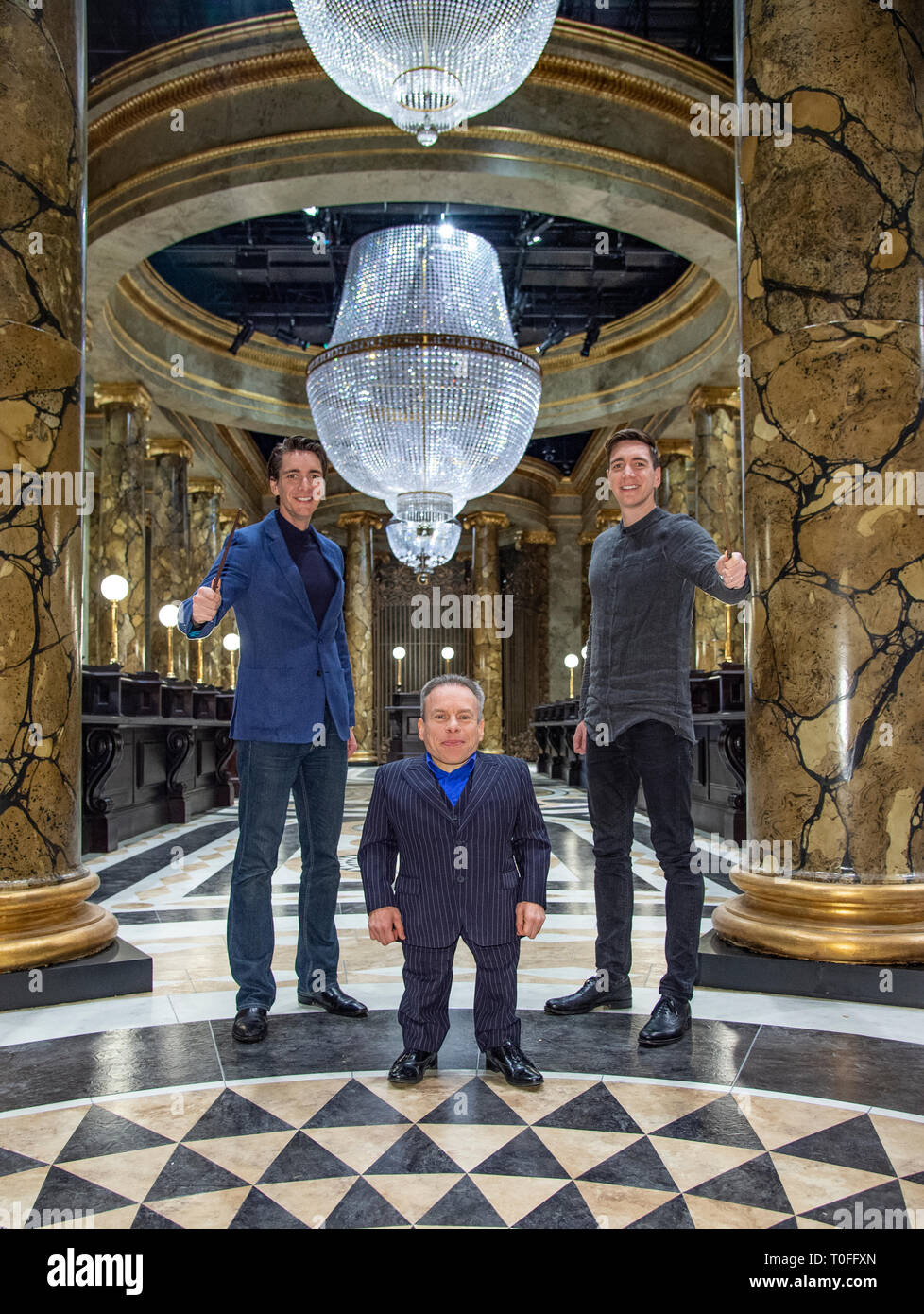 (L-R) Oliver Phelps, Warwick Davis and James Phelps in the original ...