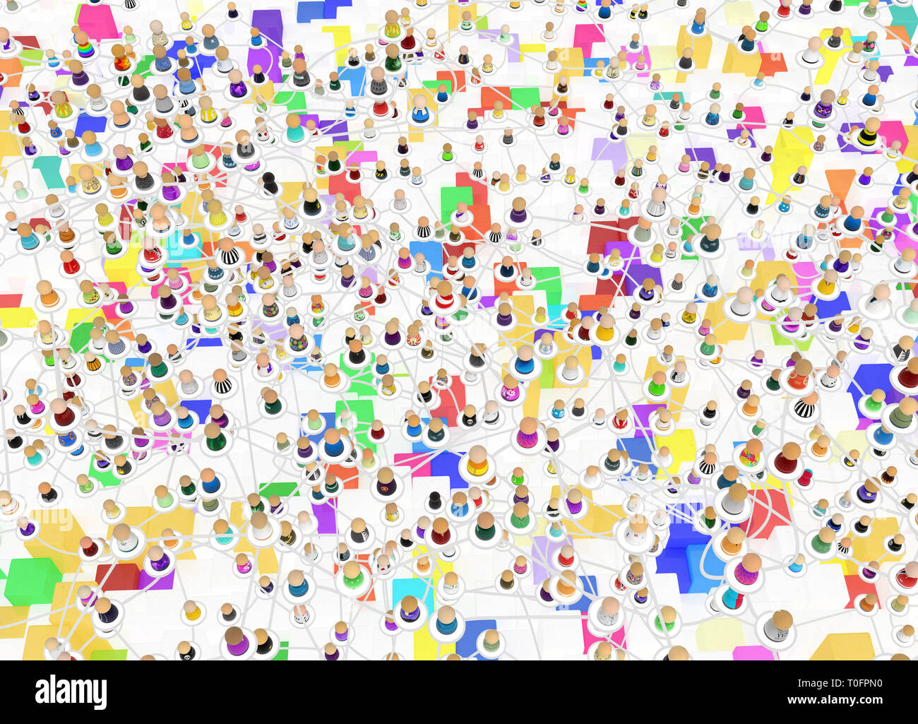 Crowd of small symbolic 3d figures linked by lines, complex layered ...