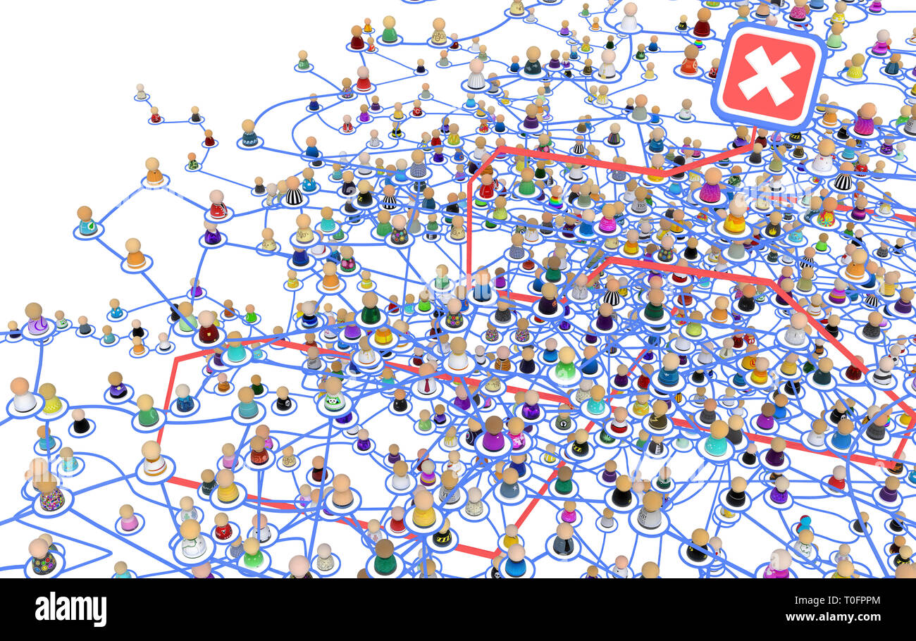 Crowd of small symbolic 3d figures linked by lines, complex layered ...