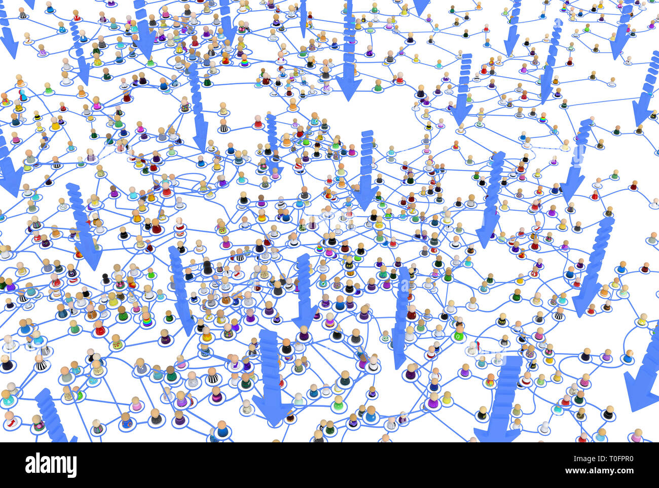 Crowd of small symbolic 3d figures linked by lines, complex layered ...