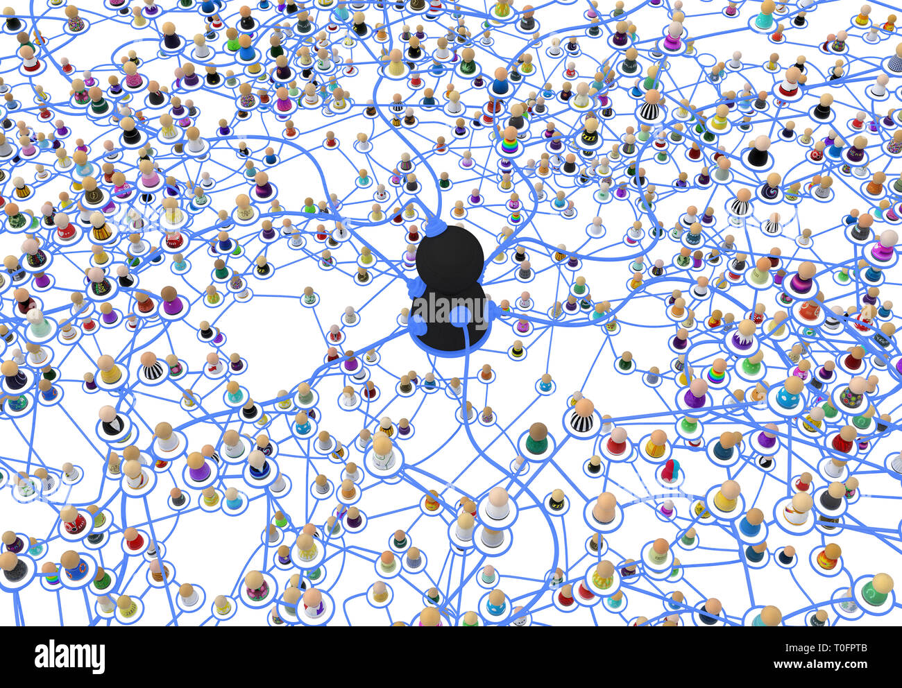Crowd of small symbolic 3d figures linked by lines, complex layered ...