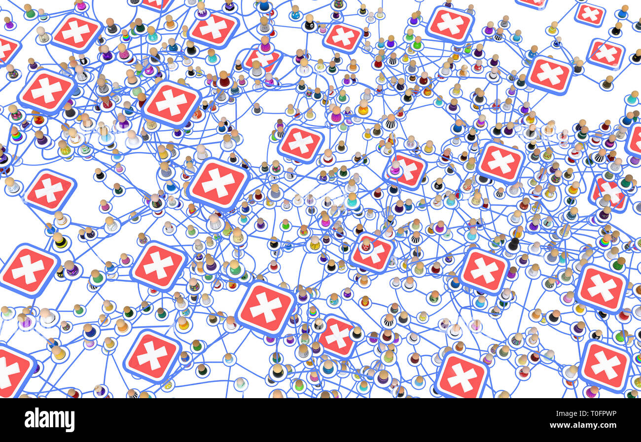 Crowd of small symbolic 3d figures linked by lines, complex layered ...