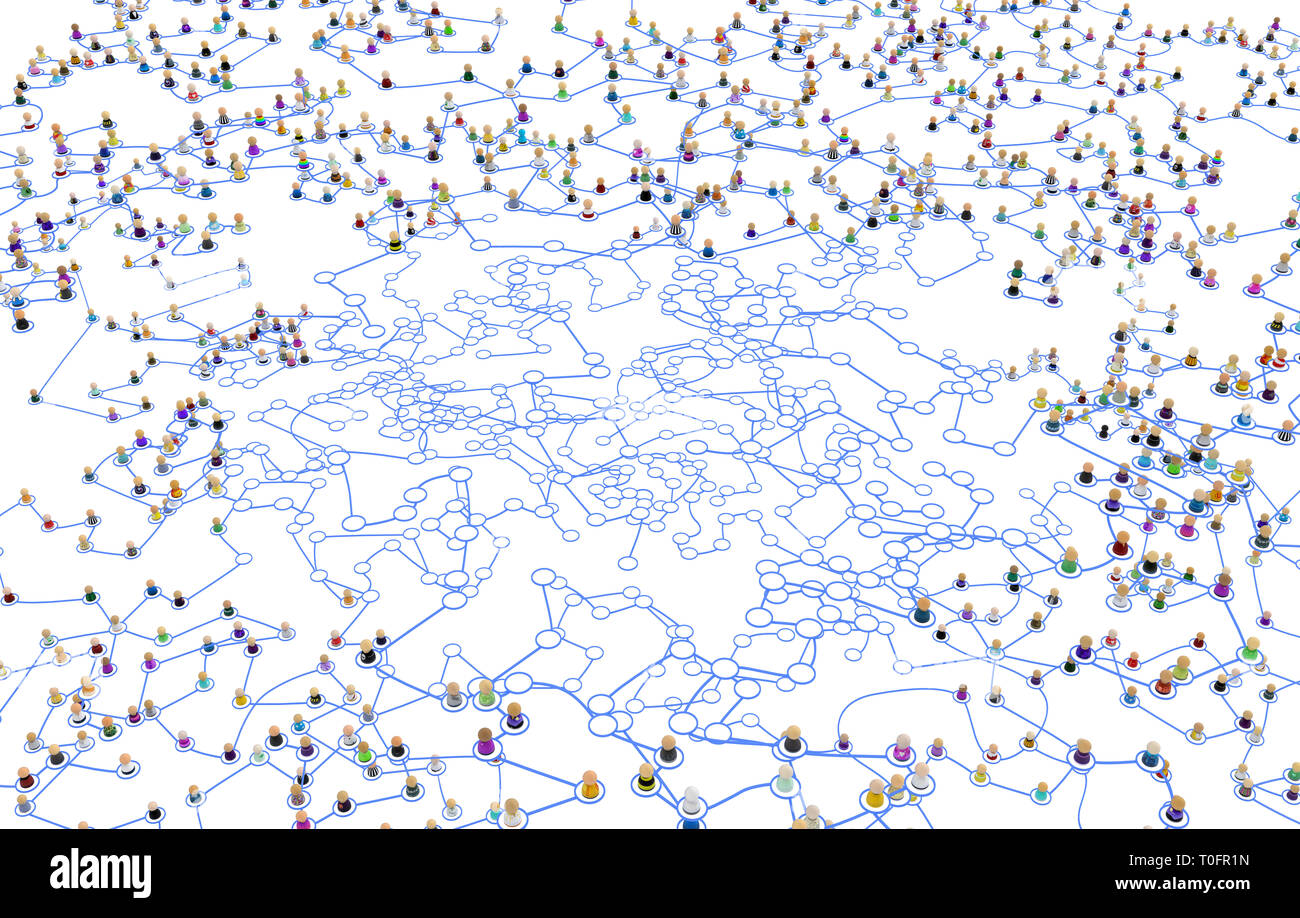 Crowd of small symbolic 3d figures linked by lines, complex layered ...