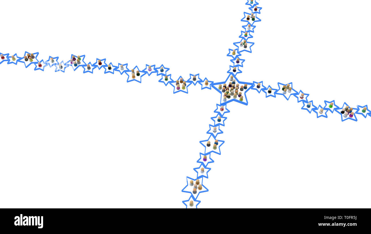 Crowd of small symbolic 3d figures star nodes system crossing, over ...