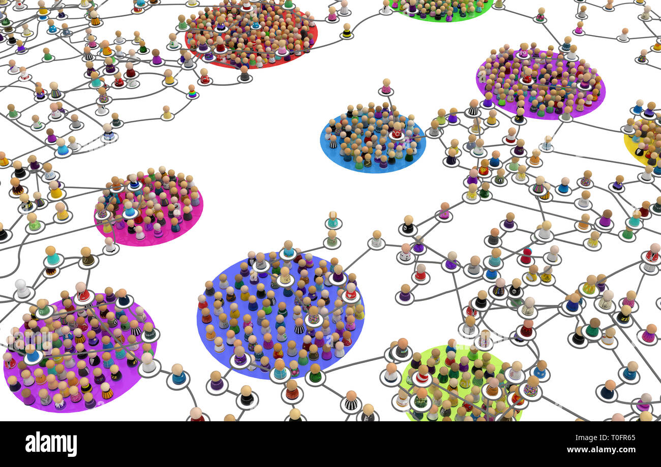 Crowd of small symbolic 3d figures linked by lines with color circle ...