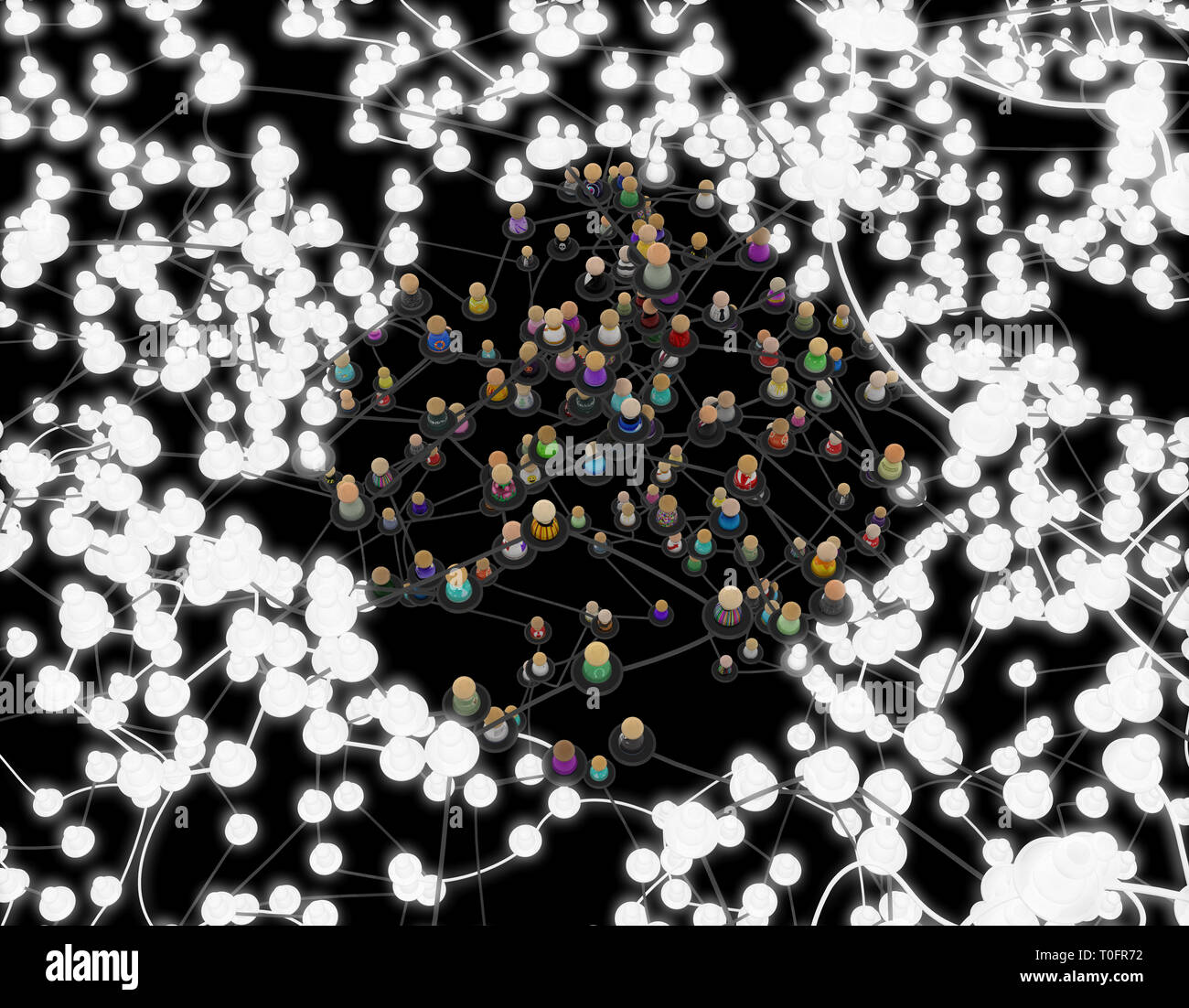 Crowd of small symbolic 3d figures linked by lines, complex layered ...
