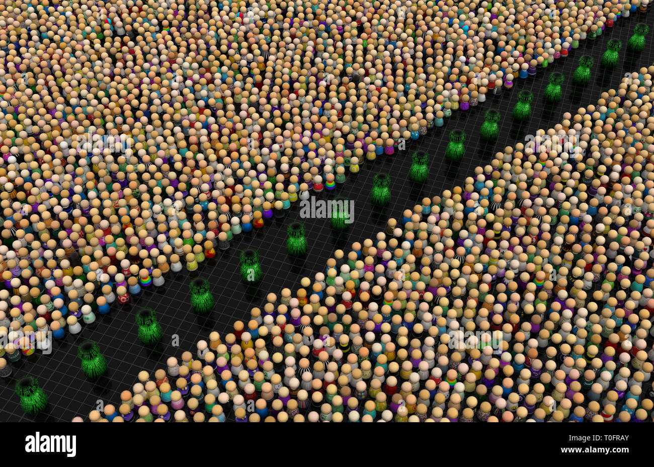 Crowd of small symbolic figures, virtual line divide, 3d illustration ...