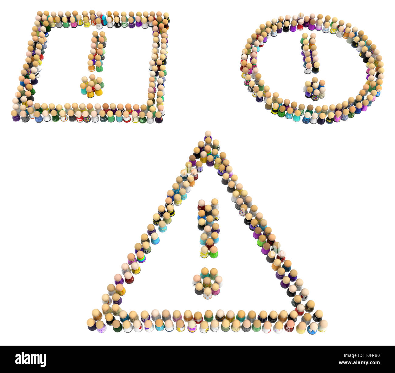 Crowd of small symbolic figures forming warn signs shape, 3d ...