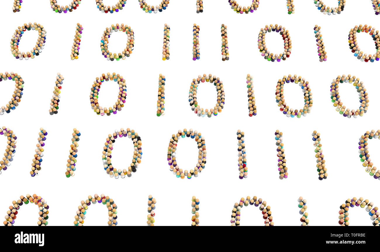 Crowd of small symbolic figures forming shapes zero one numbers, 3d ...
