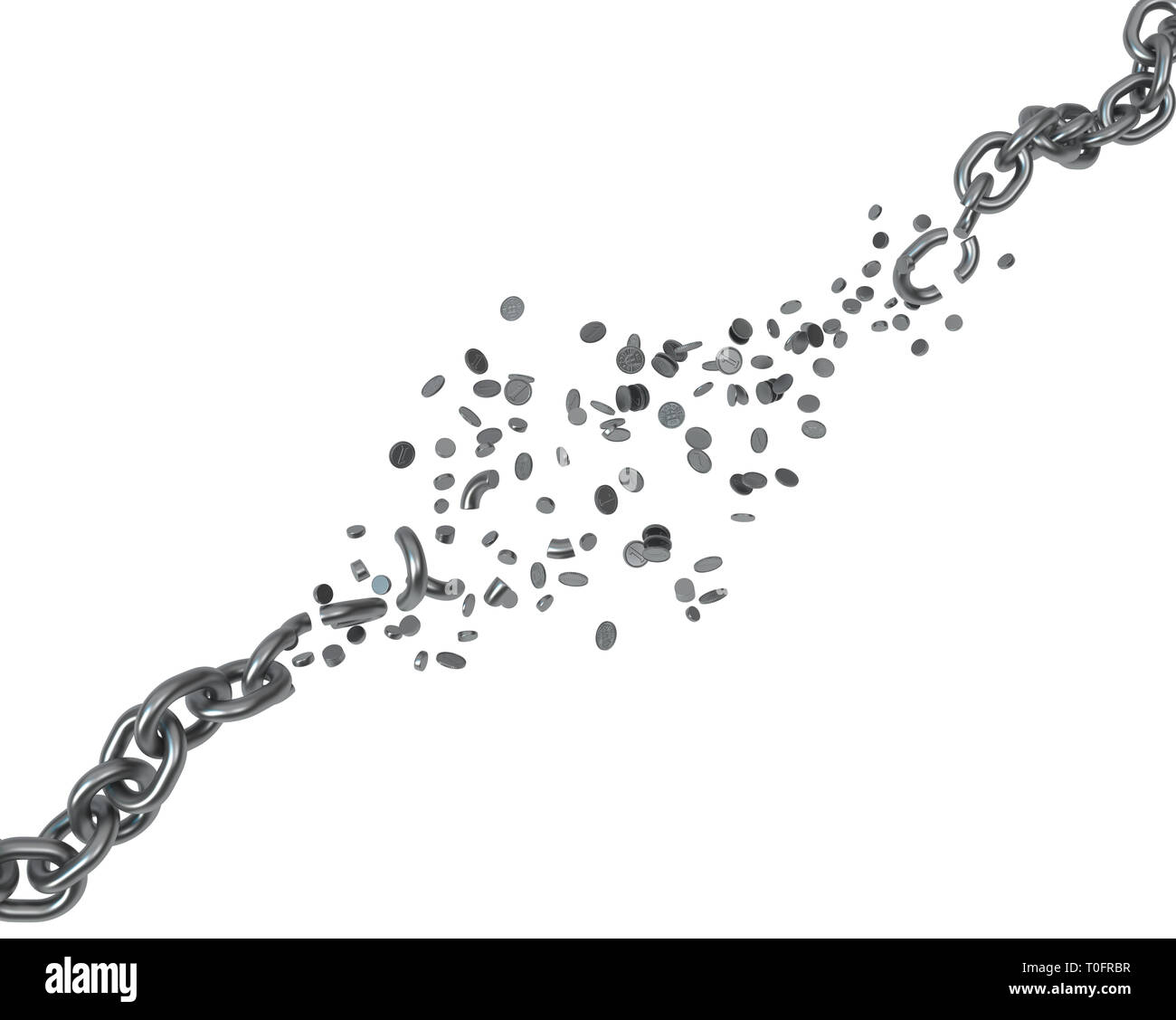 Breaking long chain turning into coins, dark grey metal 3d illustration ...
