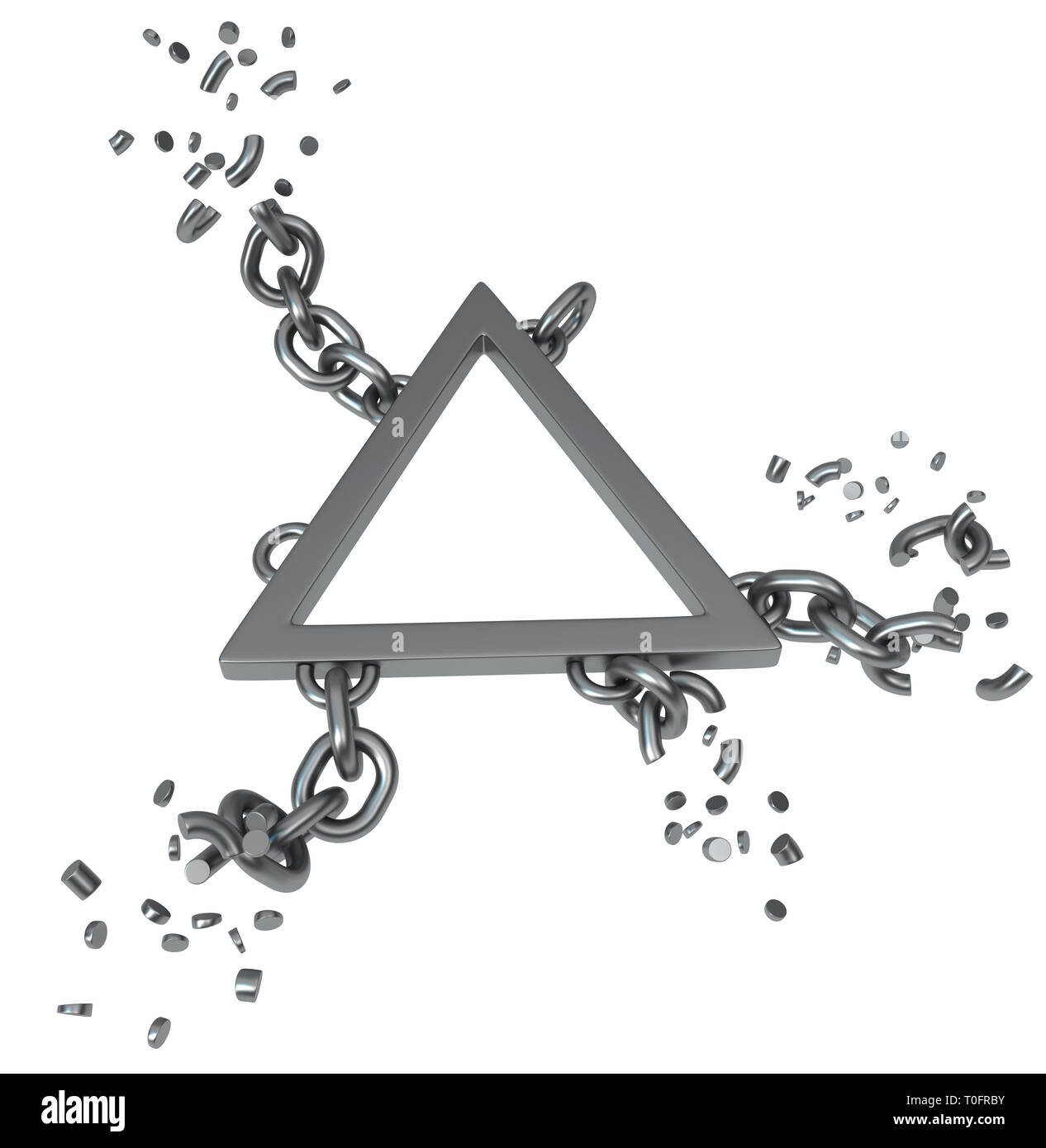 Breaking chain triangle frame, dark grey metal 3d illustration ...