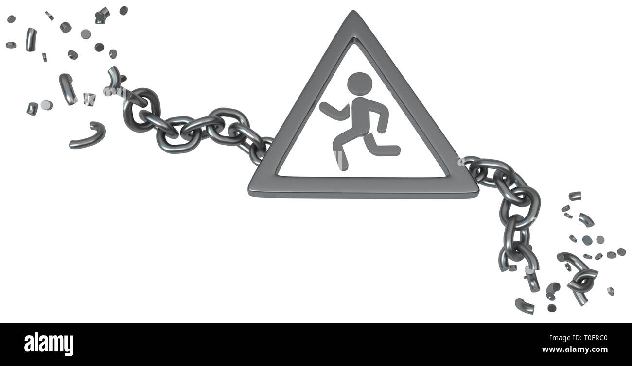 Breaking chain triangle figure running sign, dark grey metal 3d ...