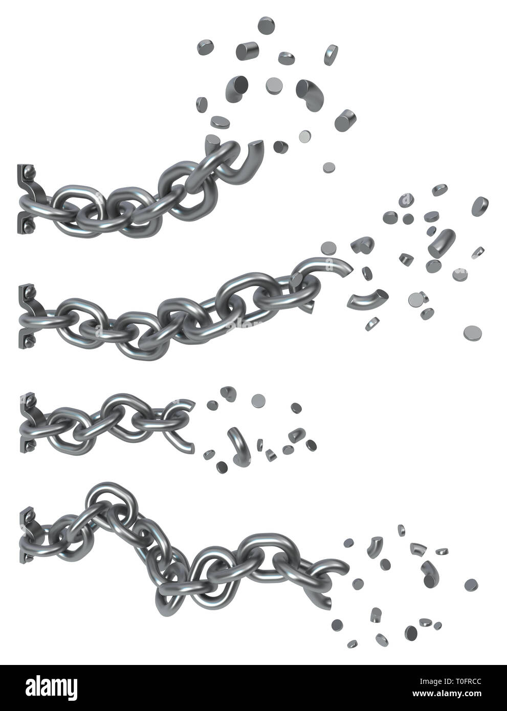 Breaking chain side attached, dark grey metal 3d illustration, isolated ...