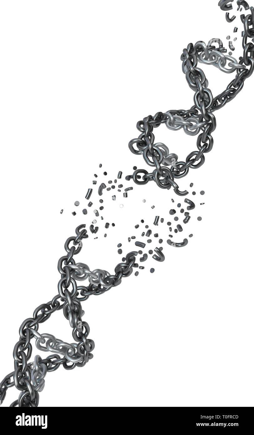 Breaking chain DNA shape, dark grey metal 3d illustration, isolated ...