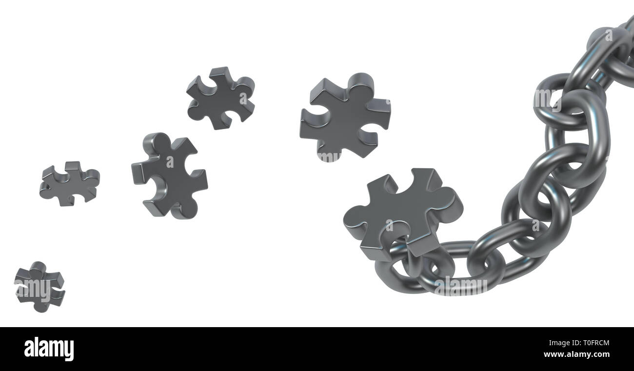 Chain jigsaw puzzle bits, dark grey metal 3d illustration, isolated ...