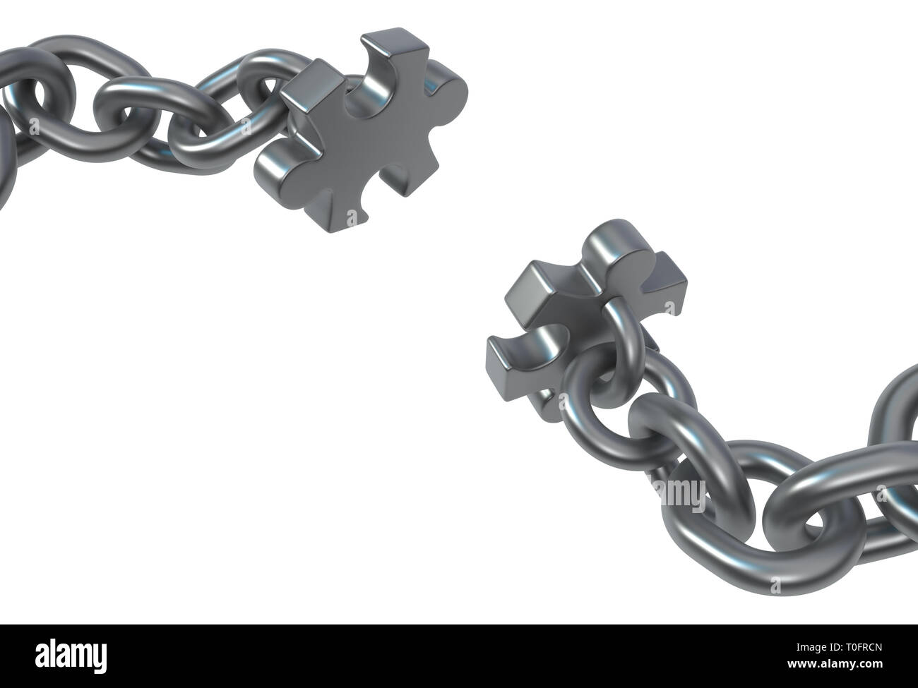 Chain jigsaw puzzle connect, dark grey metal 3d illustration, isolated ...
