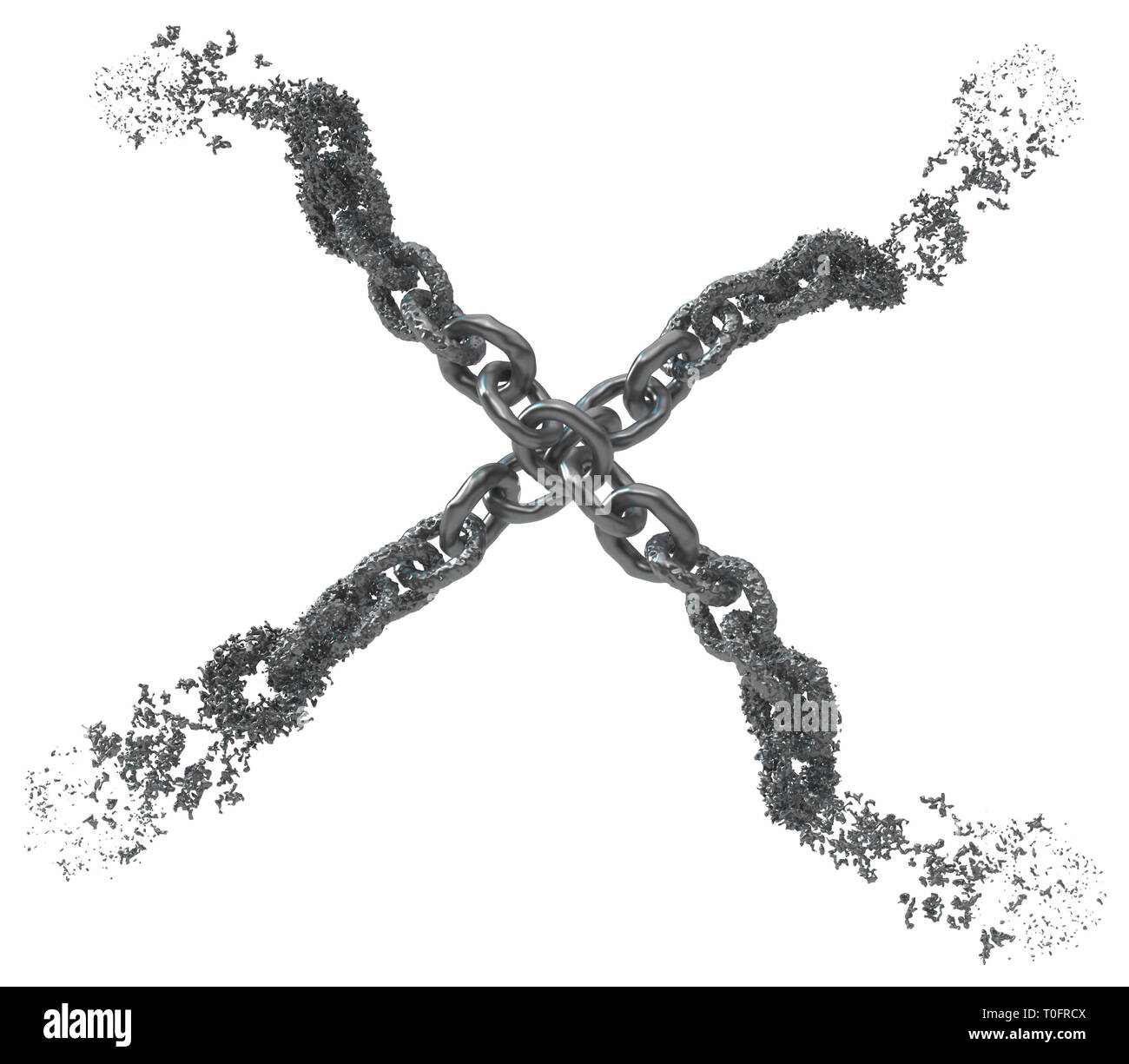 Chain liquid melting splashing fragments crossed, dark grey metal 3d ...