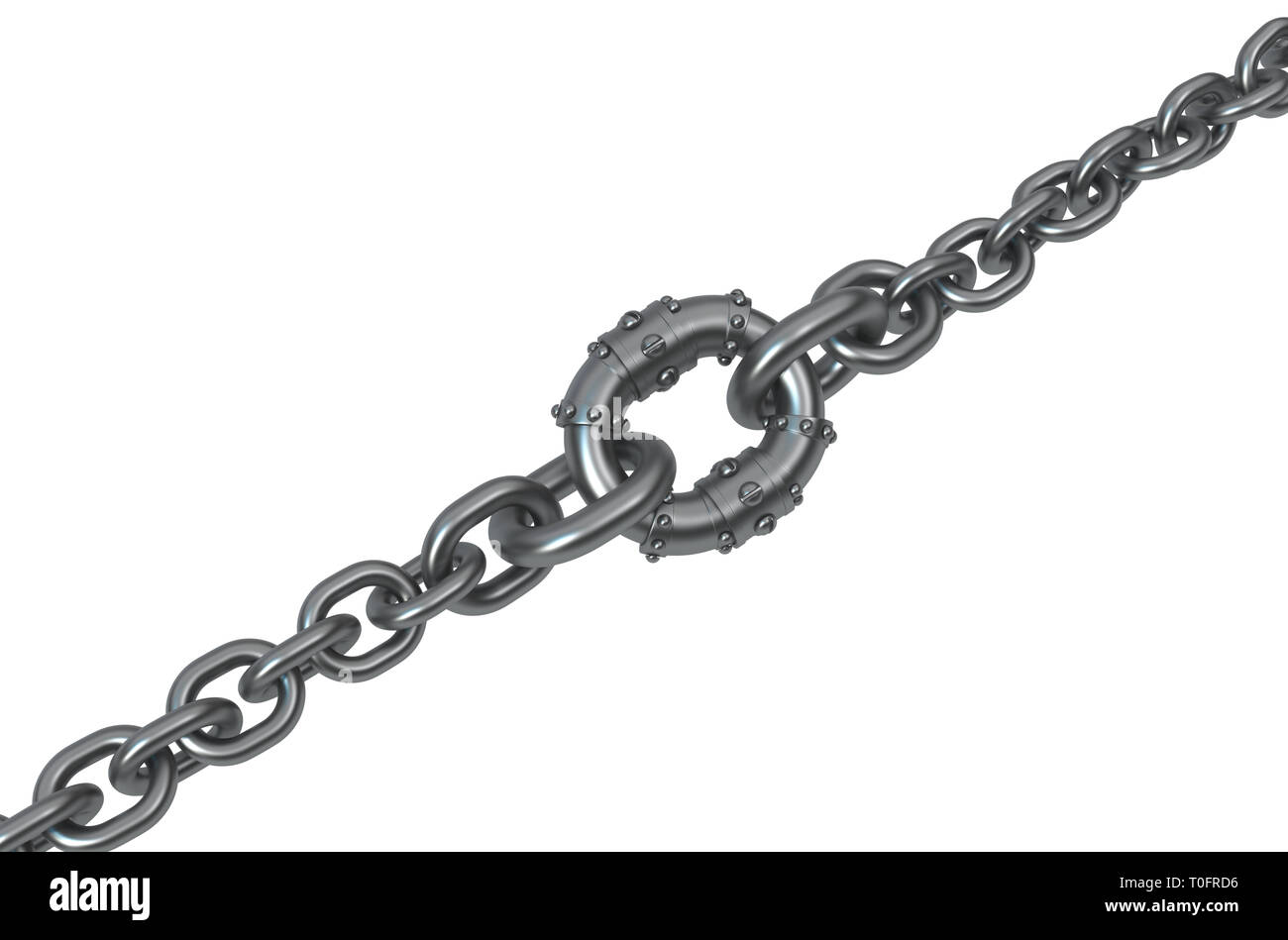 Chain with reinforced strong link, dark grey metal 3d illustration ...