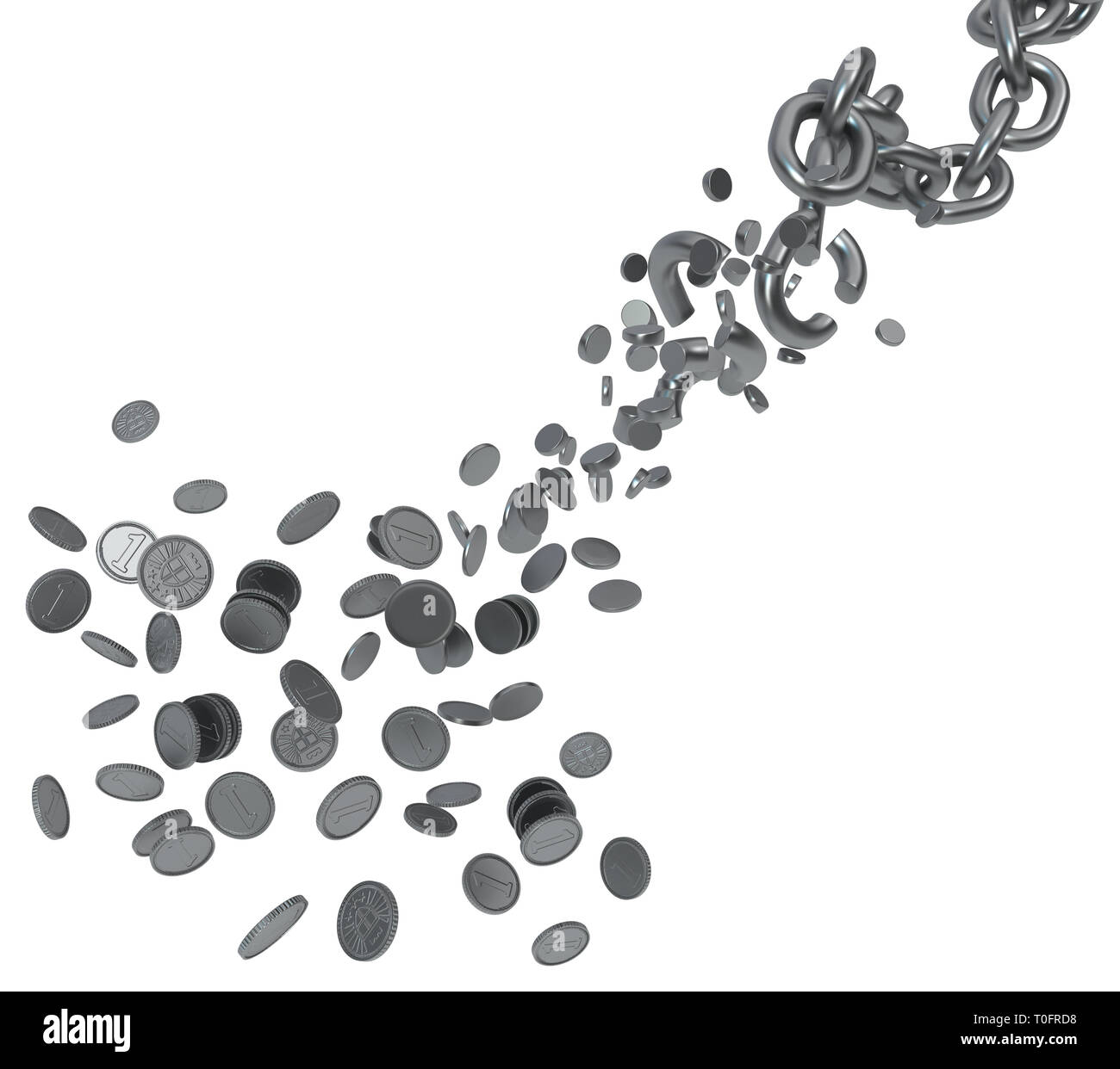 Breaking chain turning into coins, dark grey metal 3d illustration ...