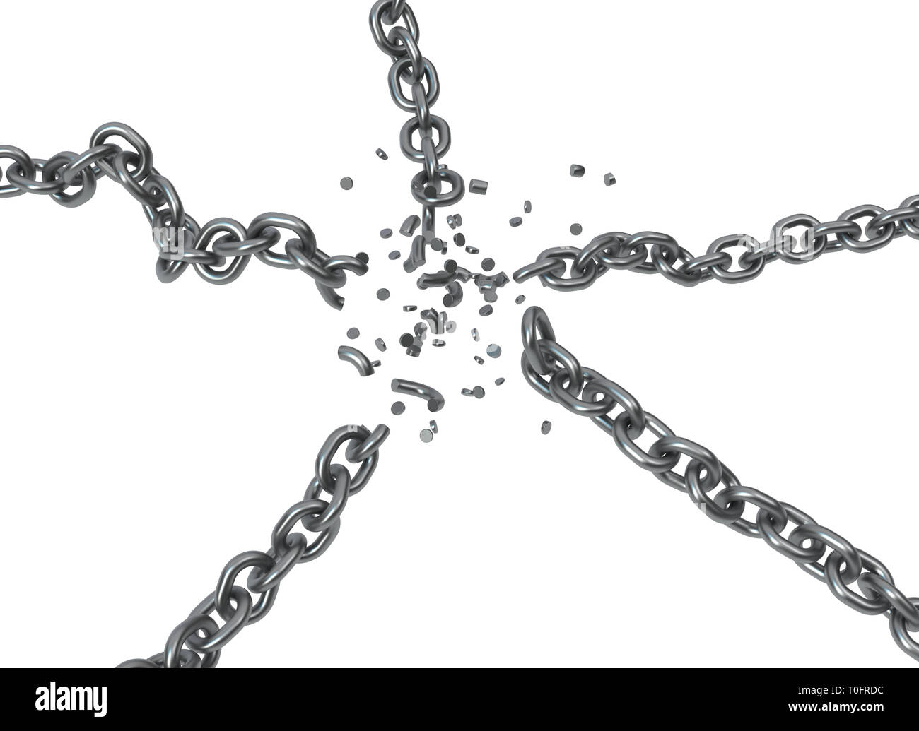 Breaking chain five directions, dark grey metal 3d illustration ...