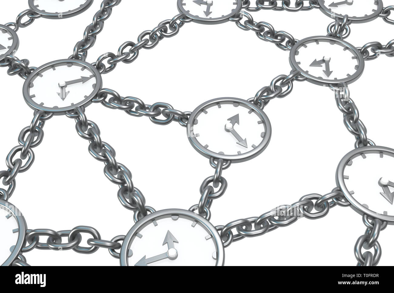 Chained clocks connected many, dark grey metal 3d illustration ...