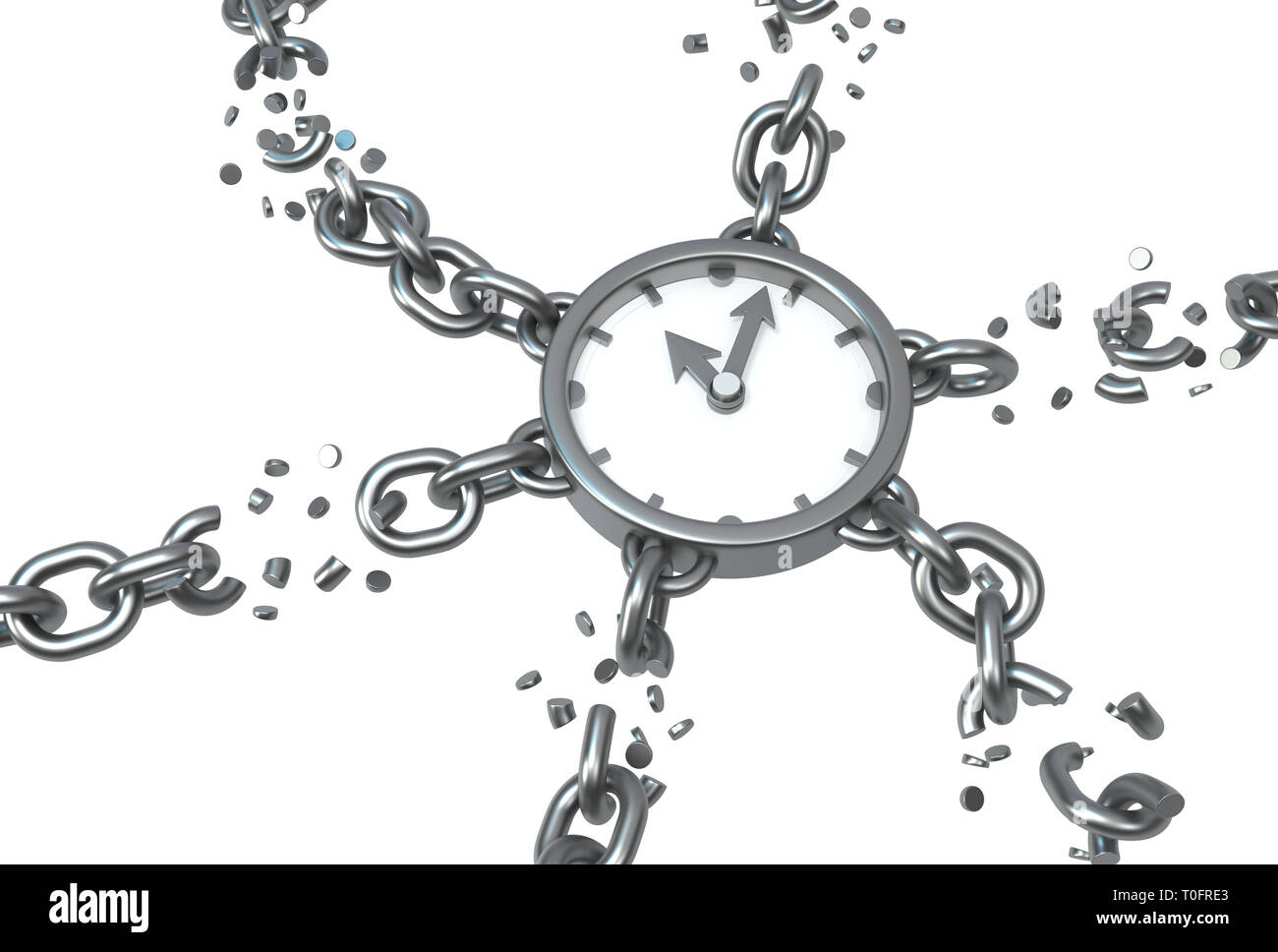 Clock chains break, dark grey metal 3d illustration, isolated ...