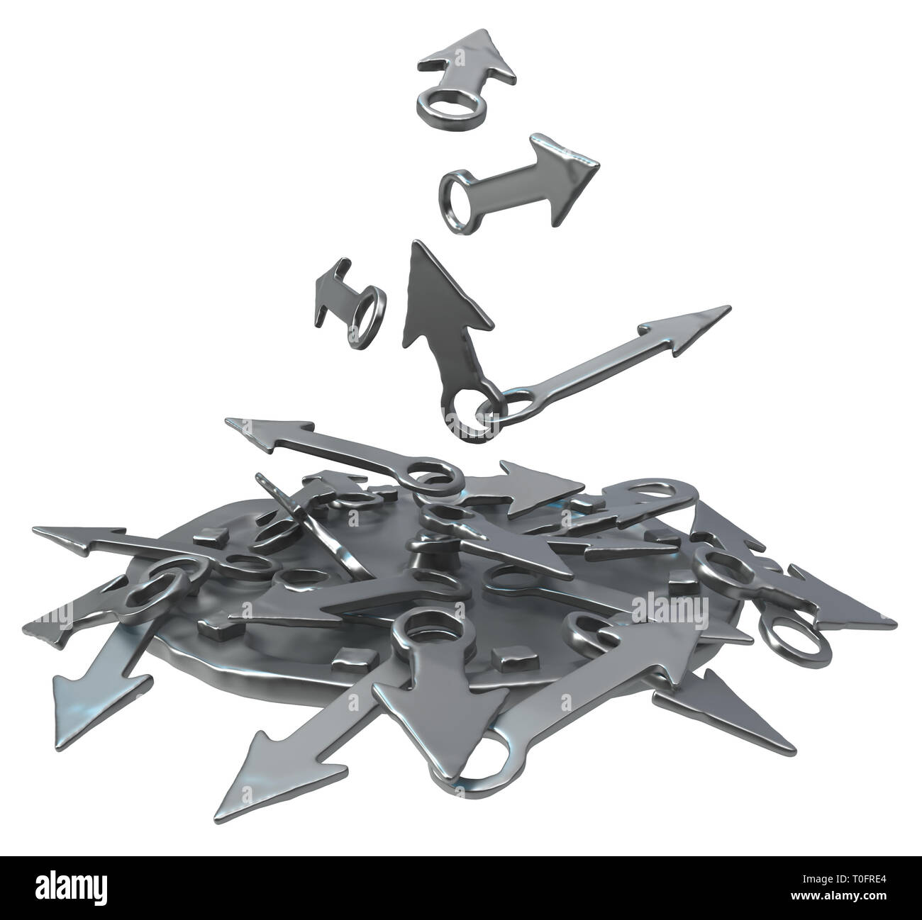 Metal clock flat arrows, 3d illustration, horizontal, over white ...