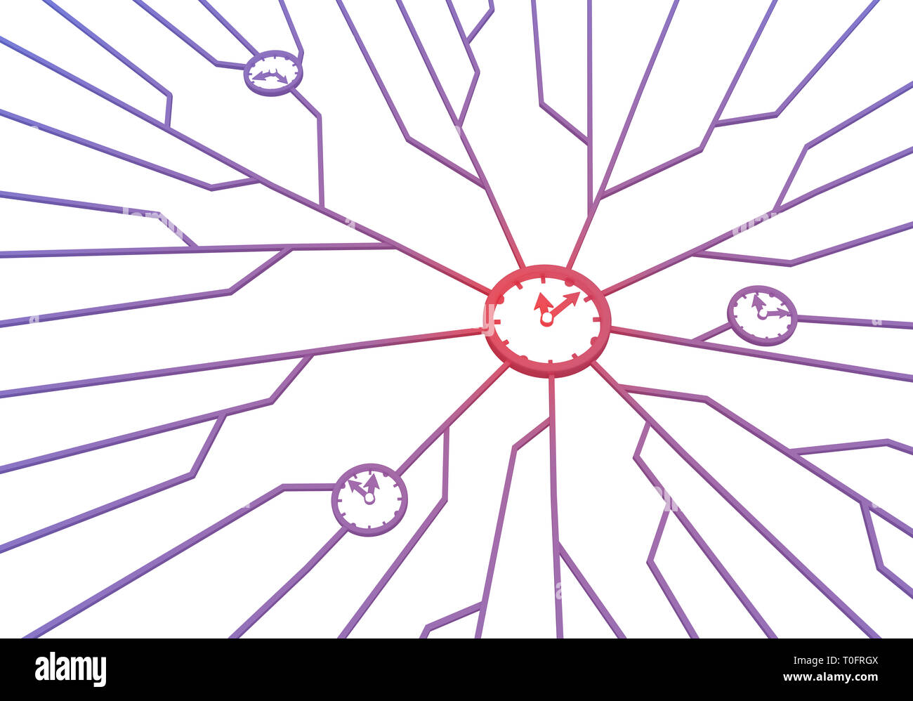 Lines blue and red connection system time clocks, over white ...