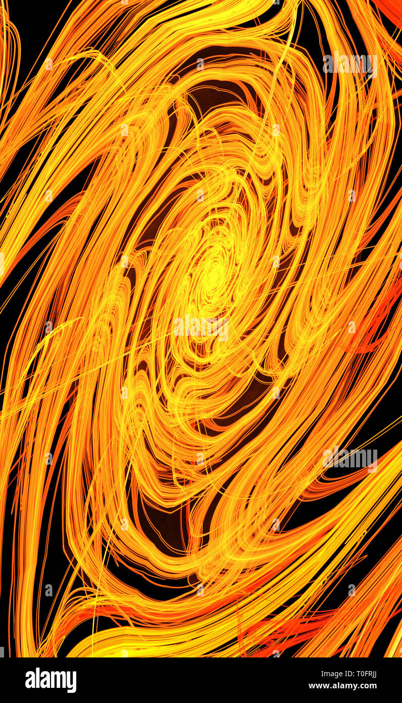 Fiery dense spin orange flame abstract, vertical, over black background ...