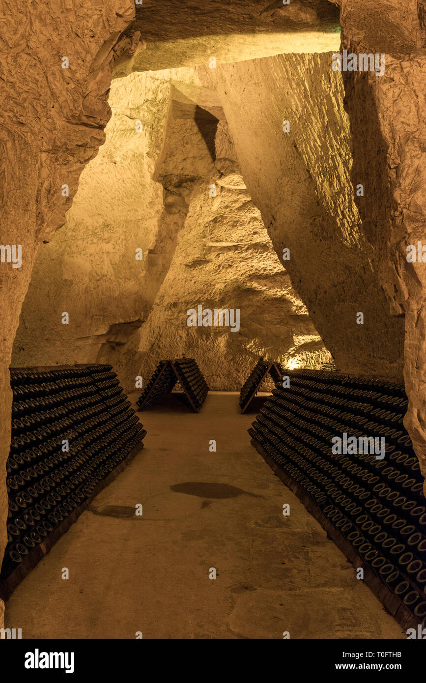 Historic chalk caves and cellars at house of Taittinger champagne ...