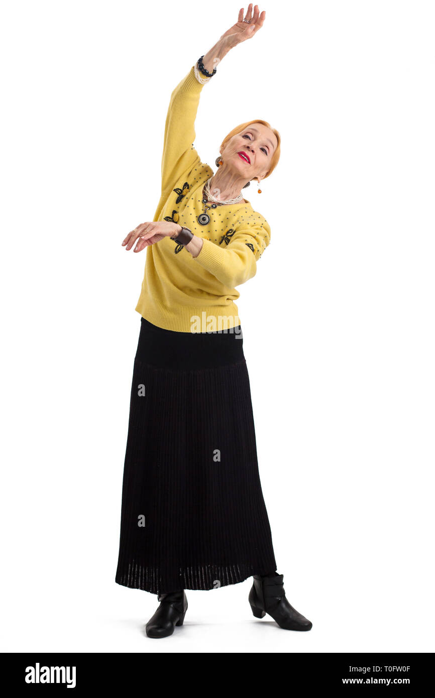 Elderly woman dancing isolated. Senior lady on white background Stock ...