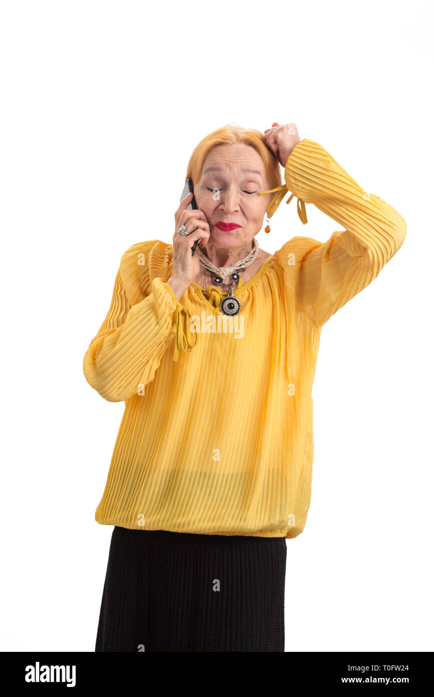 Senior woman with phone isolated. Old lady with closed eyes. Moment of ...