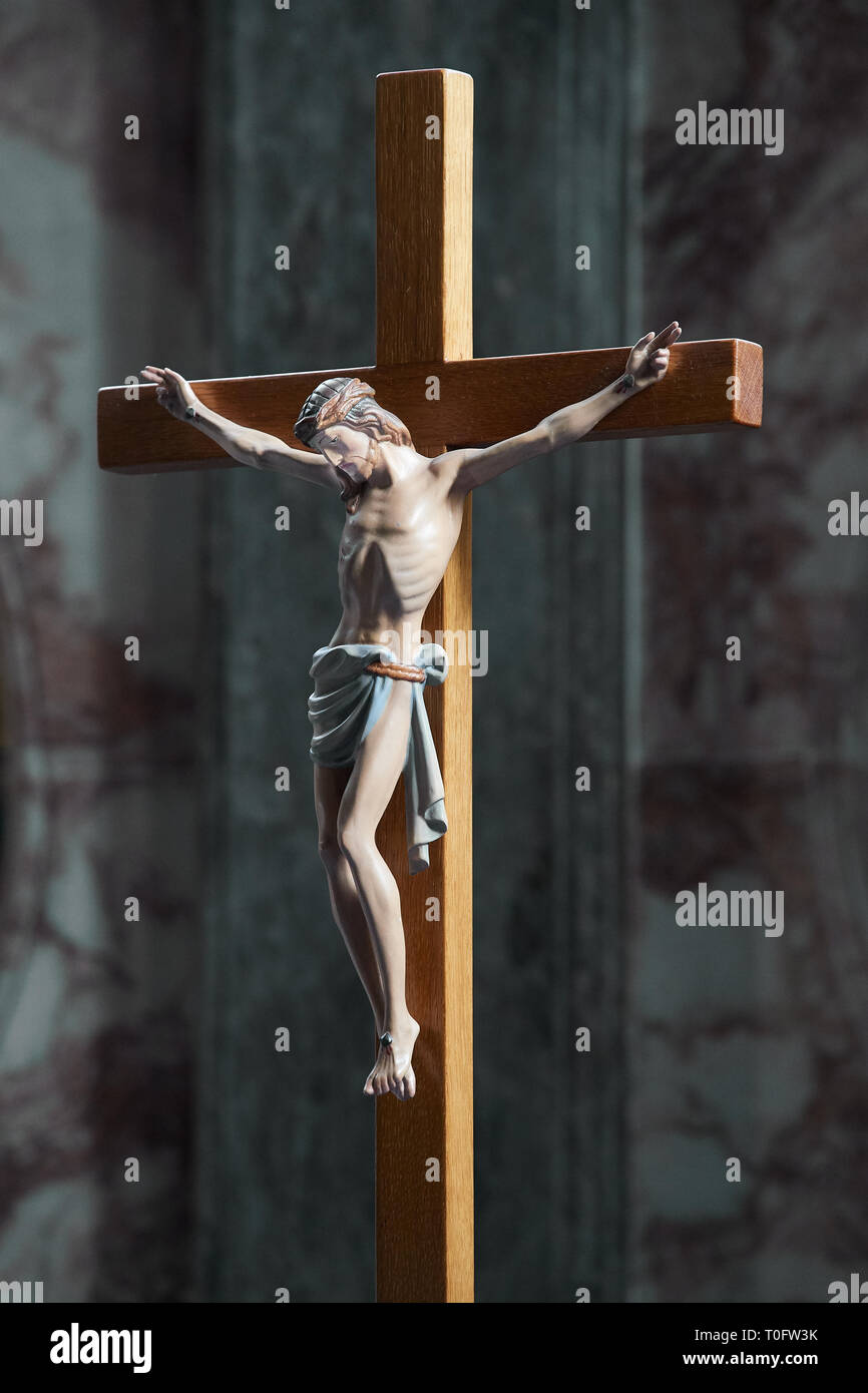 Image of the crucifixion of Jesus Christ above the altar in the chapel ...