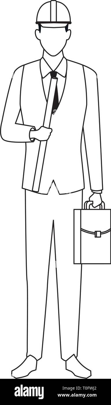 Construction engineer with plans and briefcase in black and white Stock ...