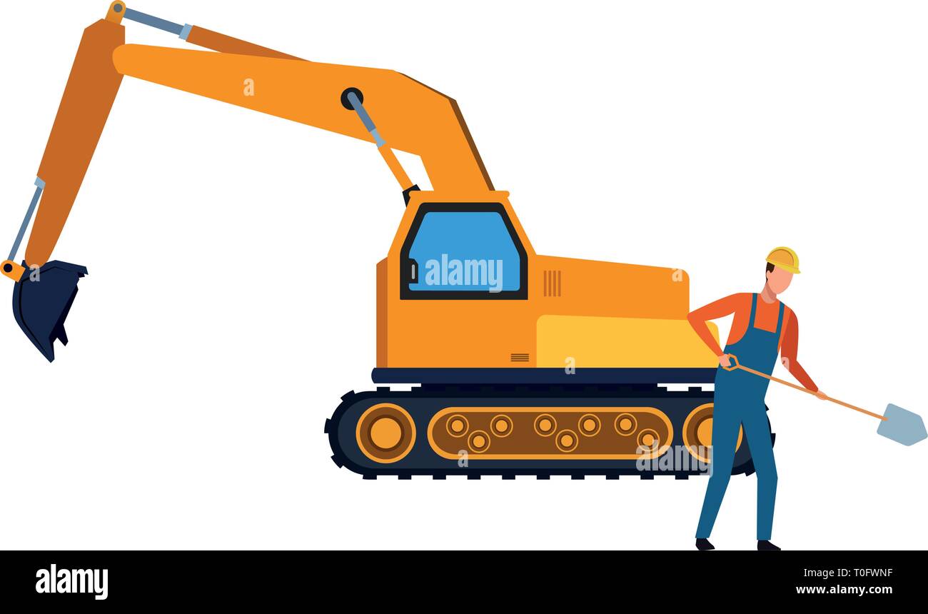 Construction worker with shovel and backhoe colorful Stock Vector Image ...