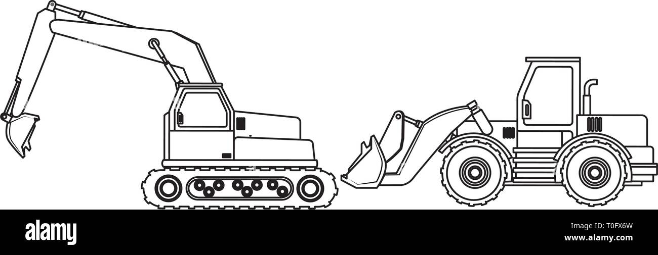 Construction vehicles machinery in black and white Stock Vector Image ...