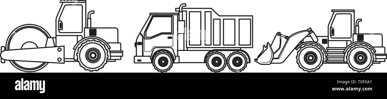 Construction vehicles machinery in black and white Stock Vector Image ...
