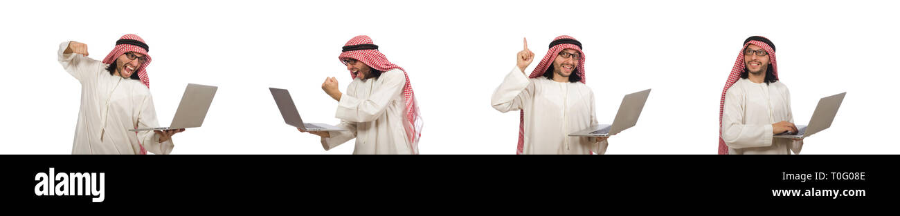 Arab man with laptop isolated on white Stock Photo - Alamy