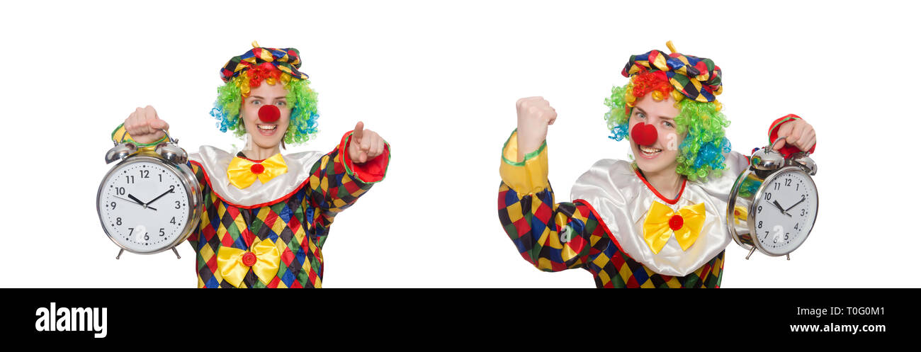 Clown with clock isolated on white Stock Photo - Alamy