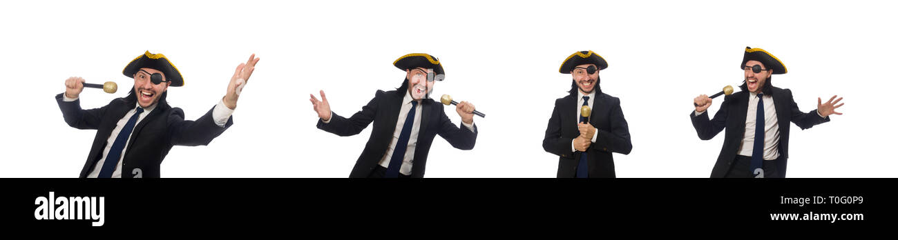 Pirate businessman holding the microphone isolated on white Stock Photo ...