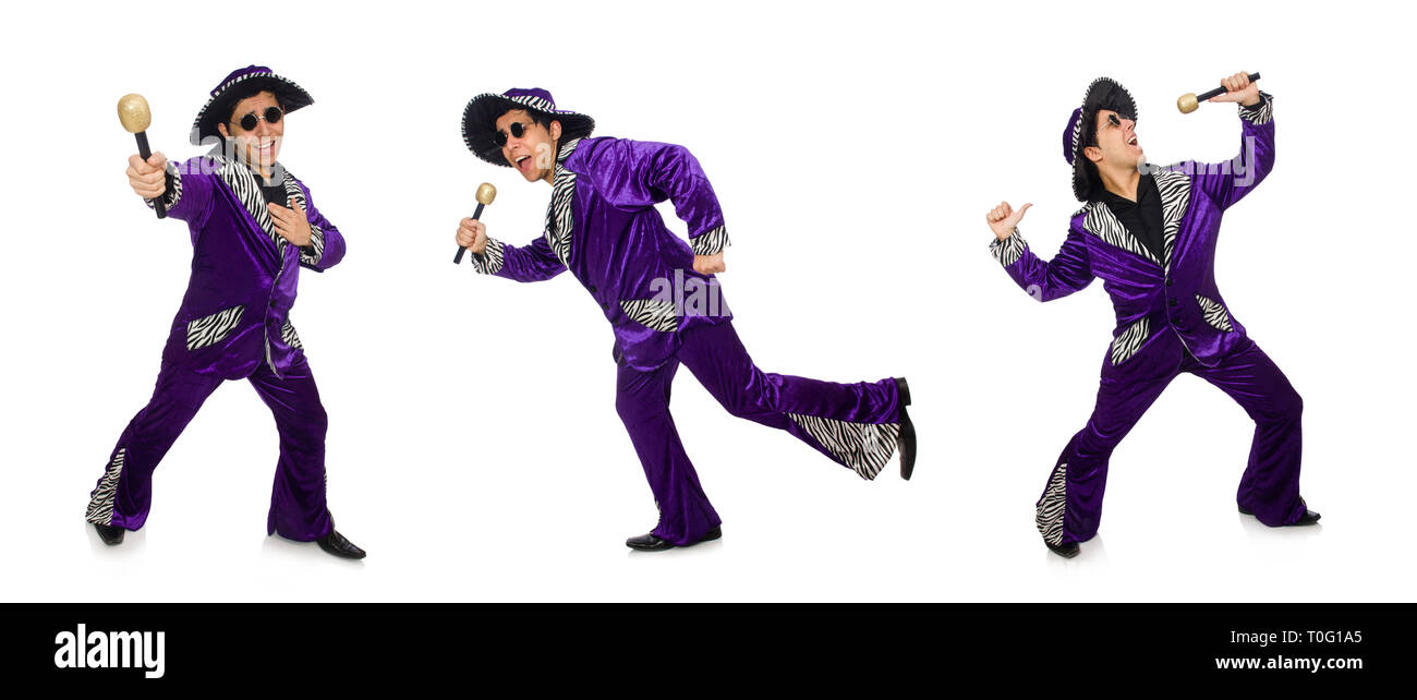 Funny man with microphone isolated on white Stock Photo - Alamy