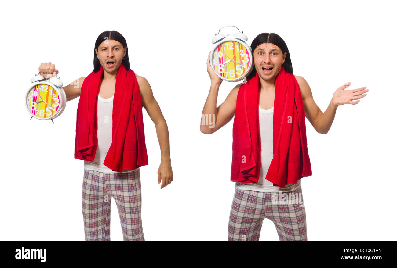 Funny man with clock isolated on white Stock Photo - Alamy