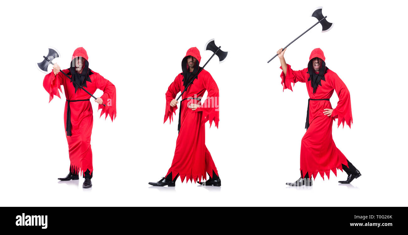 Executioner in red costume with axe on white Stock Photo - Alamy
