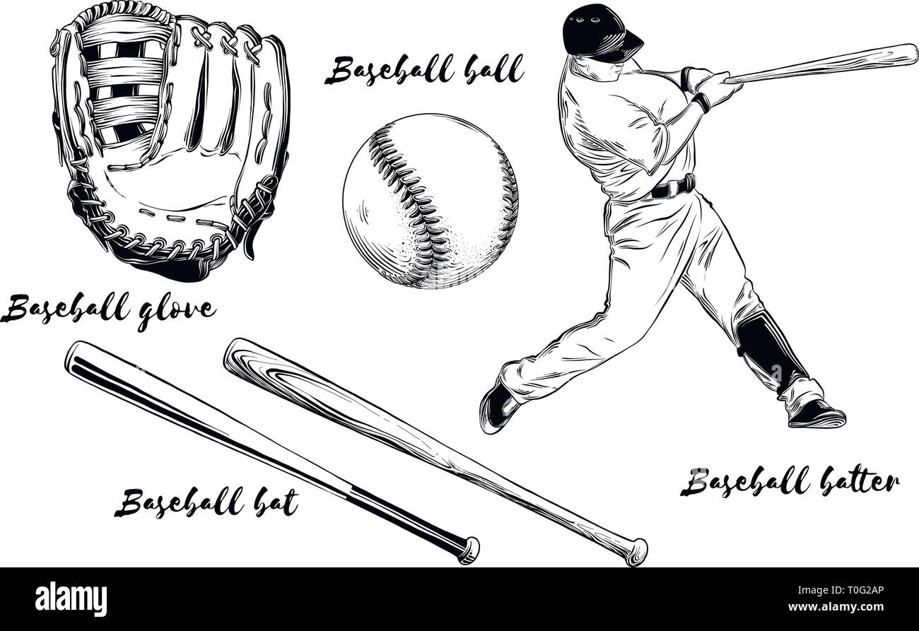 Isolated baseball set on white background. Hand-drawn elements such as ...