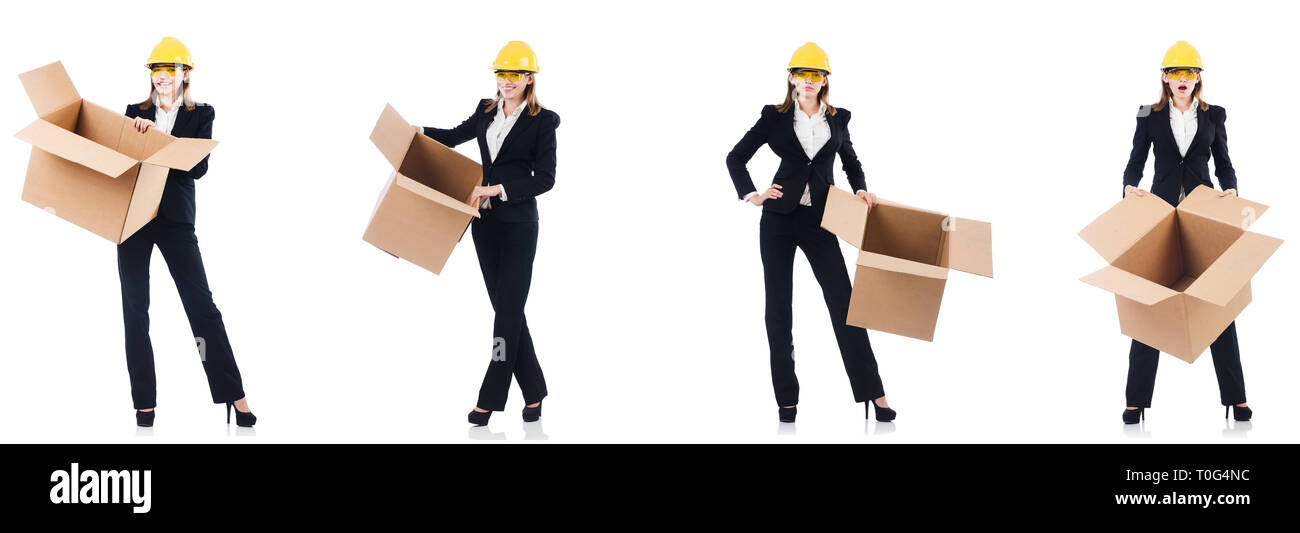 Woman builder with box isolated on white Stock Photo - Alamy