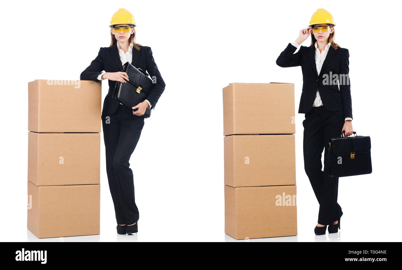 Woman builder with box isolated on white Stock Photo - Alamy
