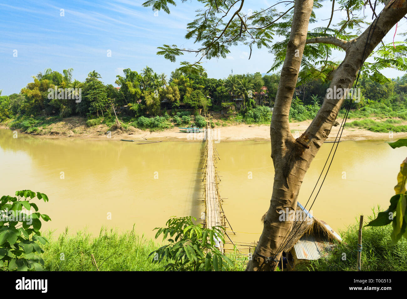 Stunning View Of The Famous Bamboo Bridge Across The Nam Khan River In