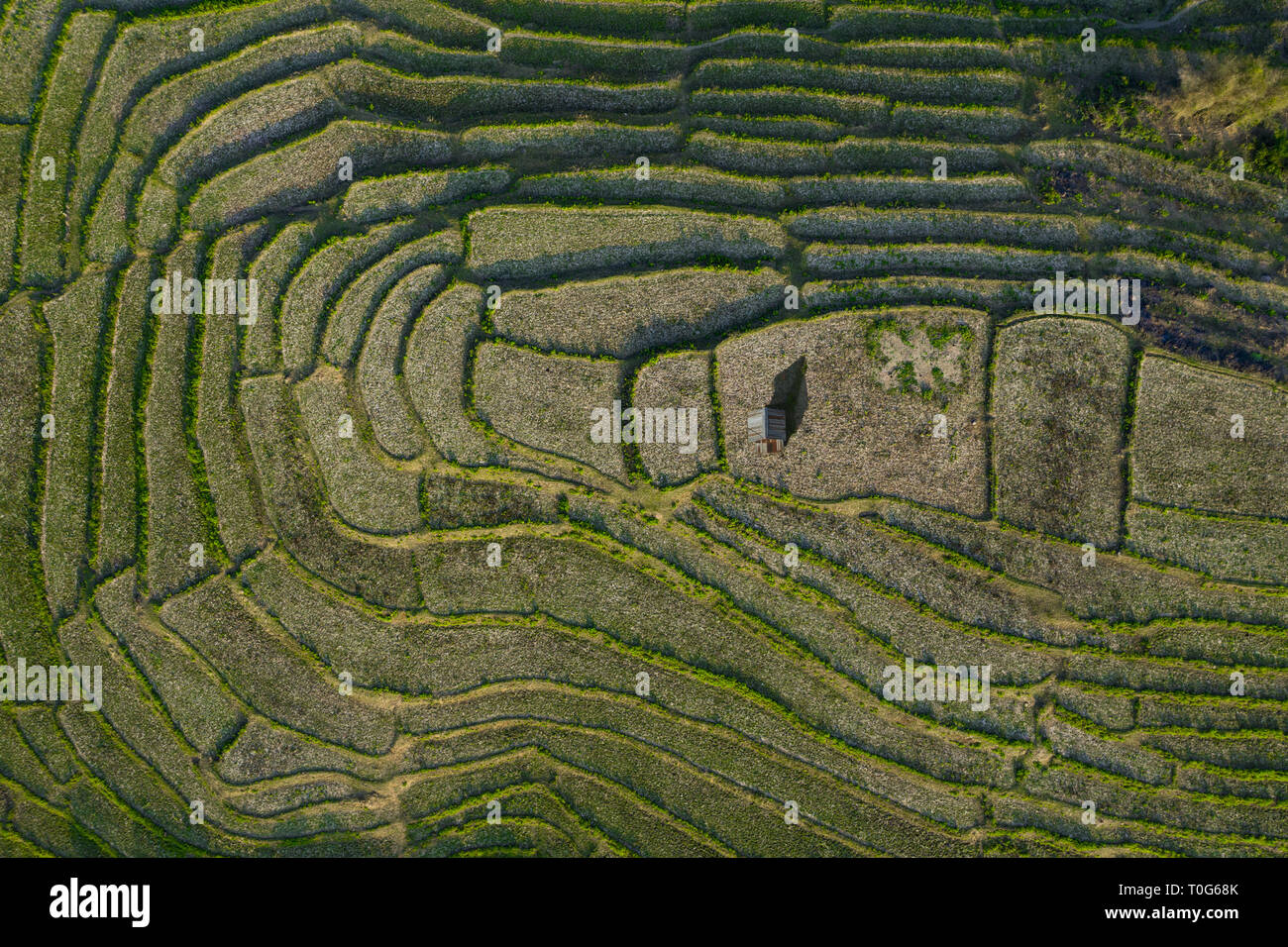 View from above, stunning aerial view of a little hut on a spectacular ...